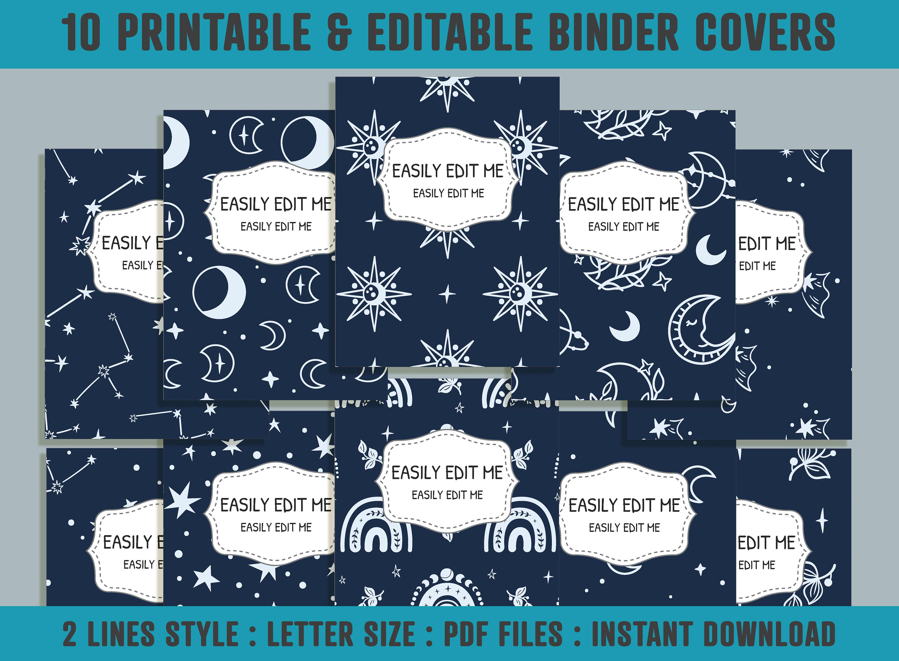 Moon, Rainbow, Stars Binder Cover, 10 Printable & Editable Binder ...