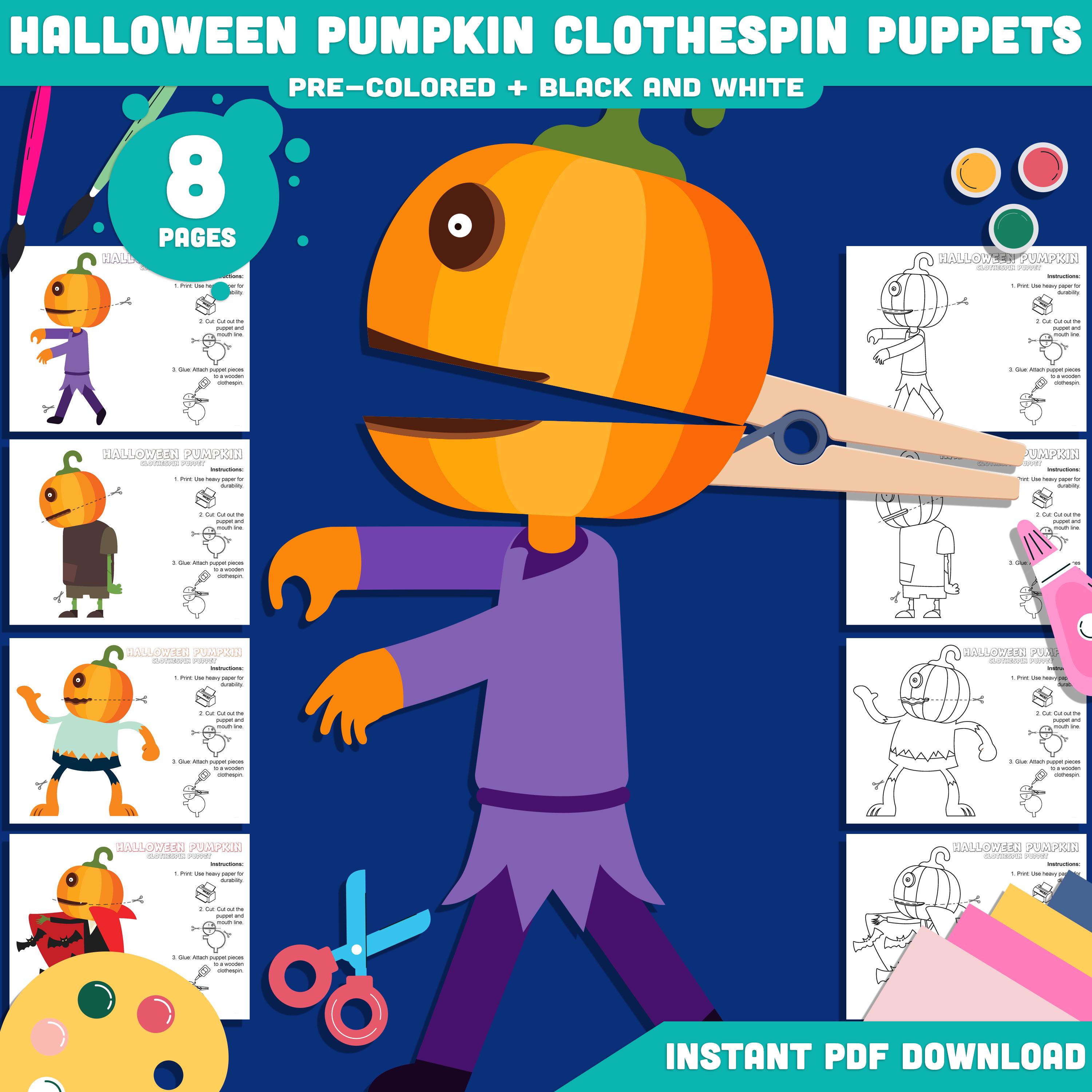 Halloween Pumpkin Clothespin Puppets for Kids: 8-page Printable Craft ...