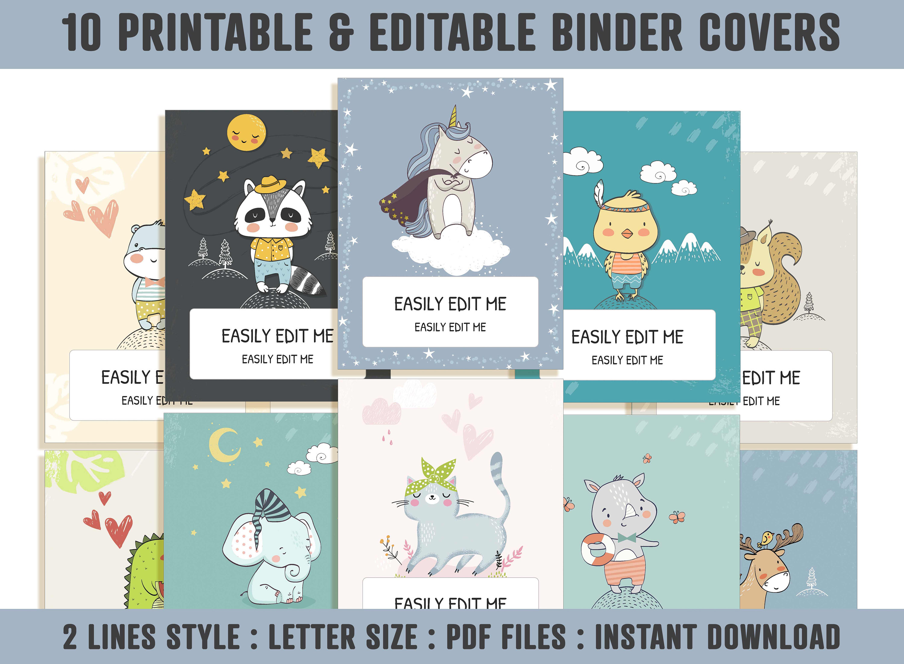 Animal Binder Cover, 10 Printable/editable Coversspines, Binder Insert ...