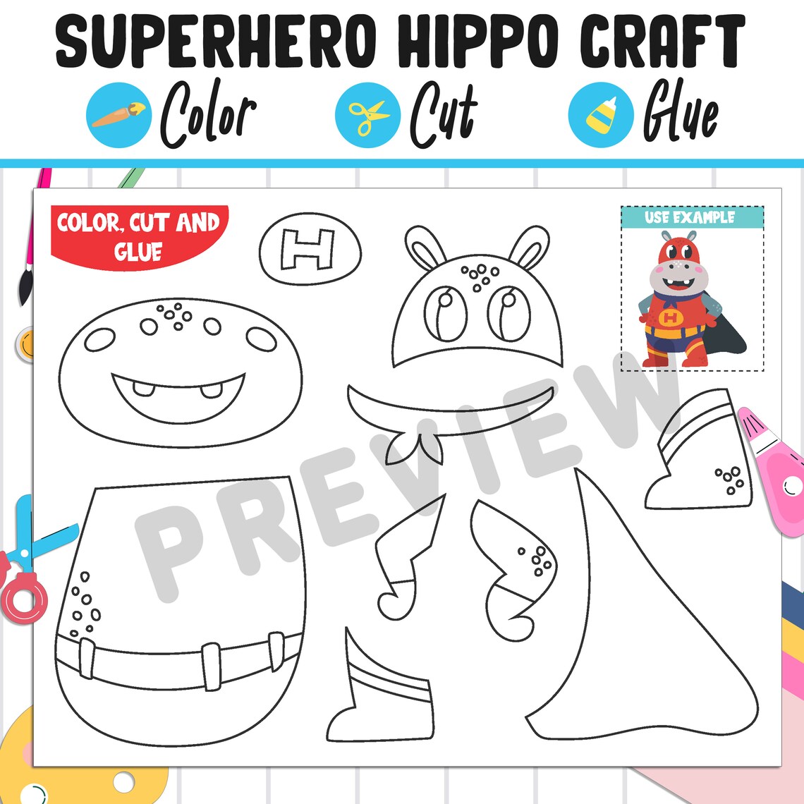Superhero Hippopotamus Craft : Color, Cut, and Glue, a Fun Activity for ...