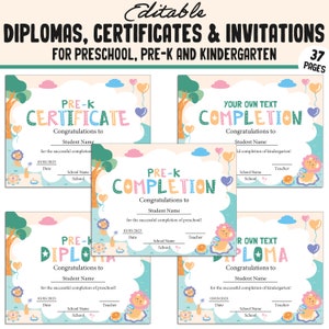 Editable Kindergarten, Prek, Preschool Diplomas, Certificates ...