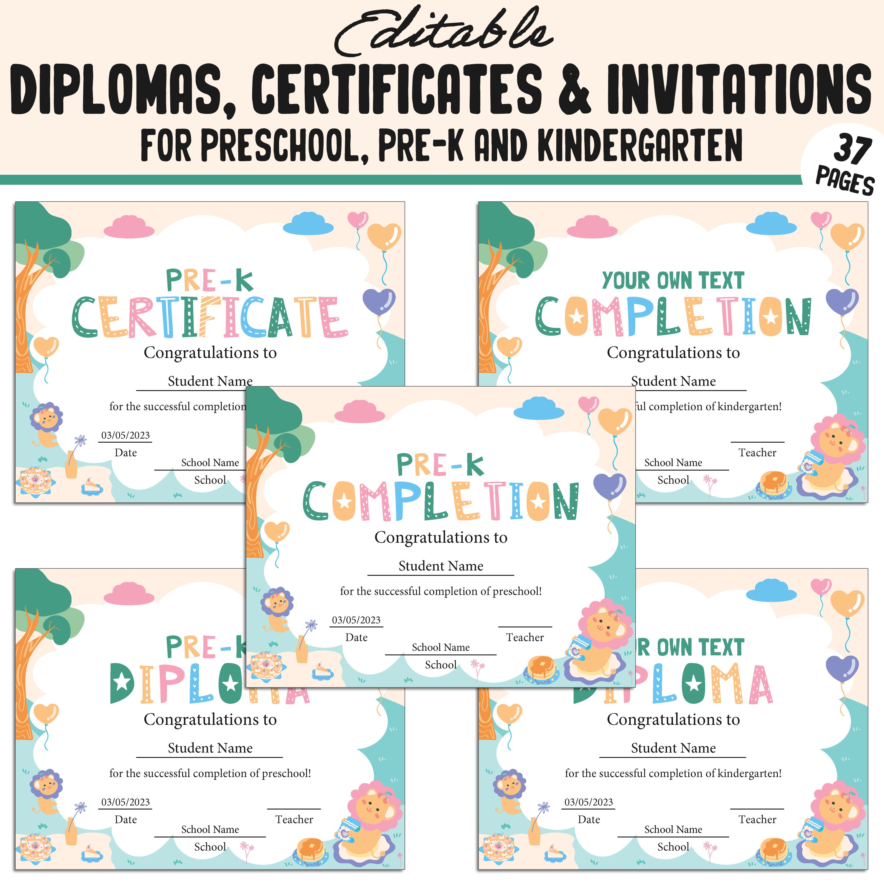 Editable Kindergarten, Prek, Preschool Diplomas, Certificates ...