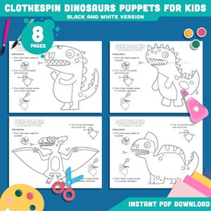 Clothespin Dinosaur Puppets for Kids, 8-page Craft With 4 Designs, Pre ...