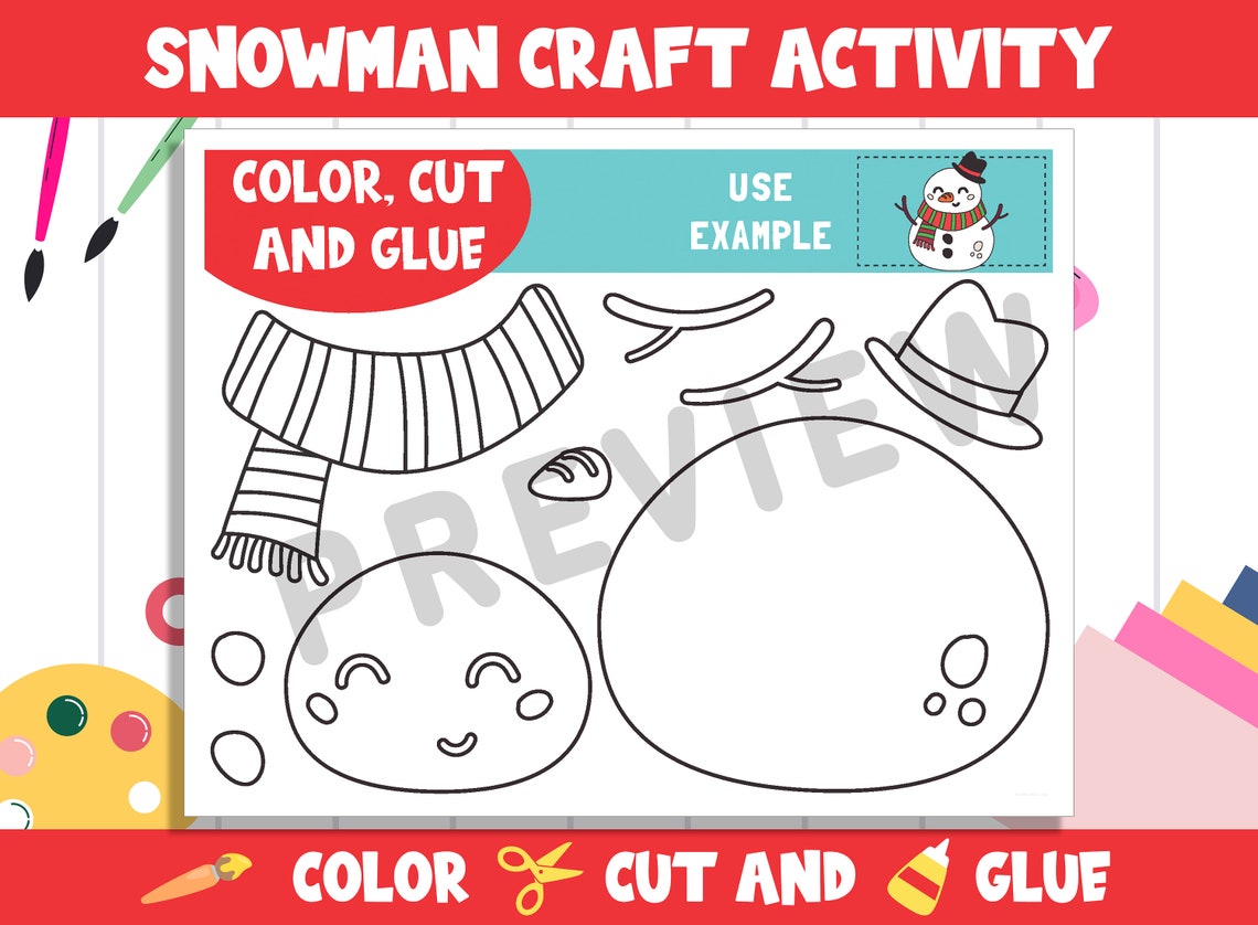 Snowman Craft Activity Color, Cut, and Glue for Prek to 2nd Grade, PDF ...