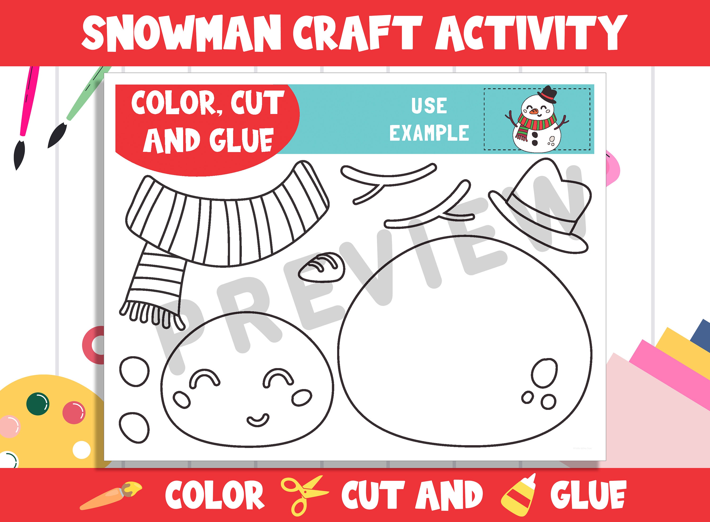 Snowman Craft Activity Color, Cut, and Glue for Prek to 2nd Grade, PDF ...