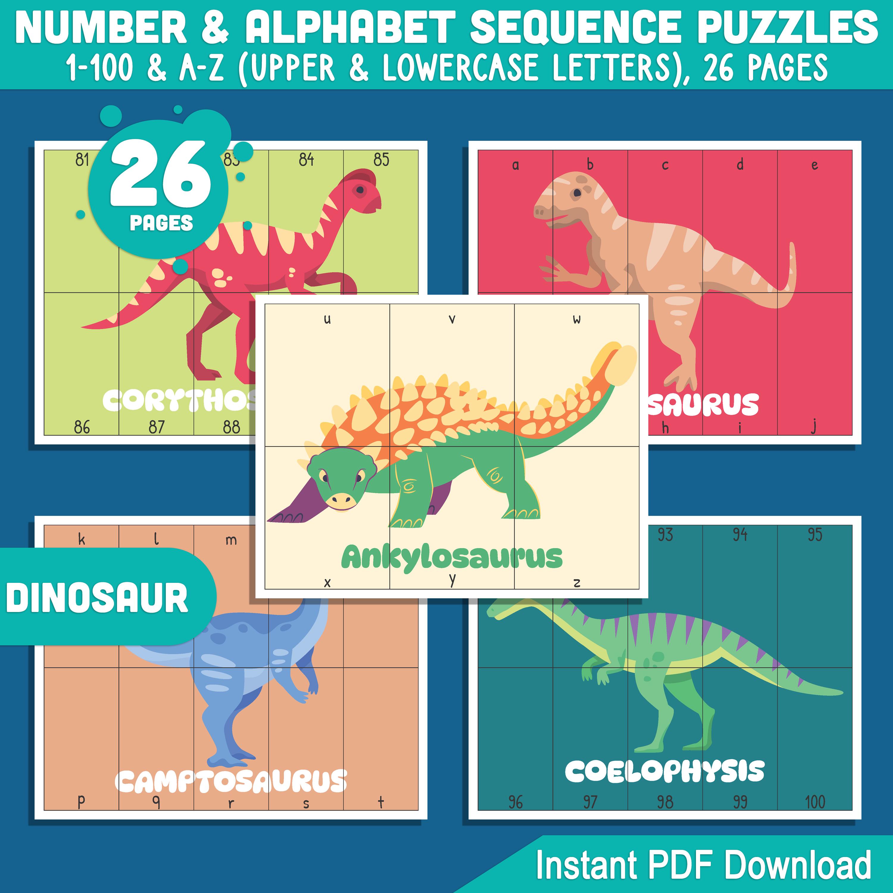 Dinosaur Number & Alphabet Sequence Puzzles: 1-100 and A-Z Printable ...