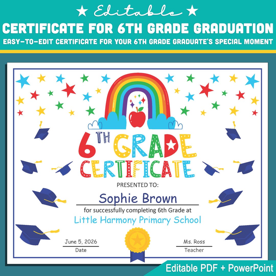 Editable 6th Grade Certificate Template: Customizable PDF & Powerpoint ...