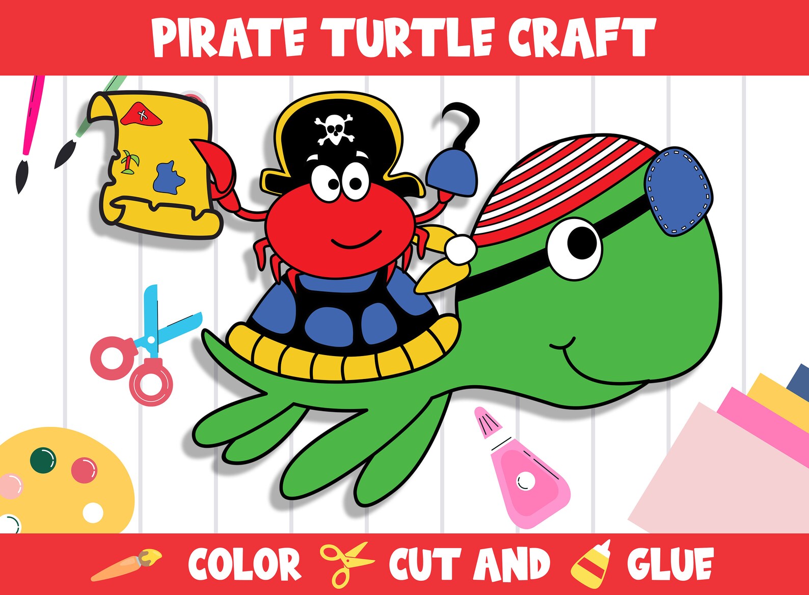 Pirate Turtle Craft Activity Color, Cut, and Glue for Prek to 2nd Grade ...