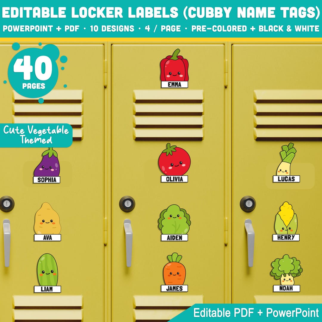 Editable Locker Labels (cubby Name Tags), Cute Vegetable Themed, 10 ...