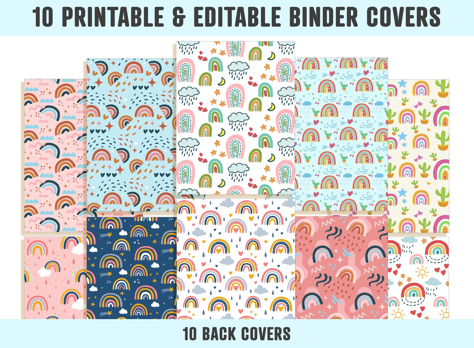 Rainbow Binder Cover, 10 Printable & Editable Binder Coversspines ...