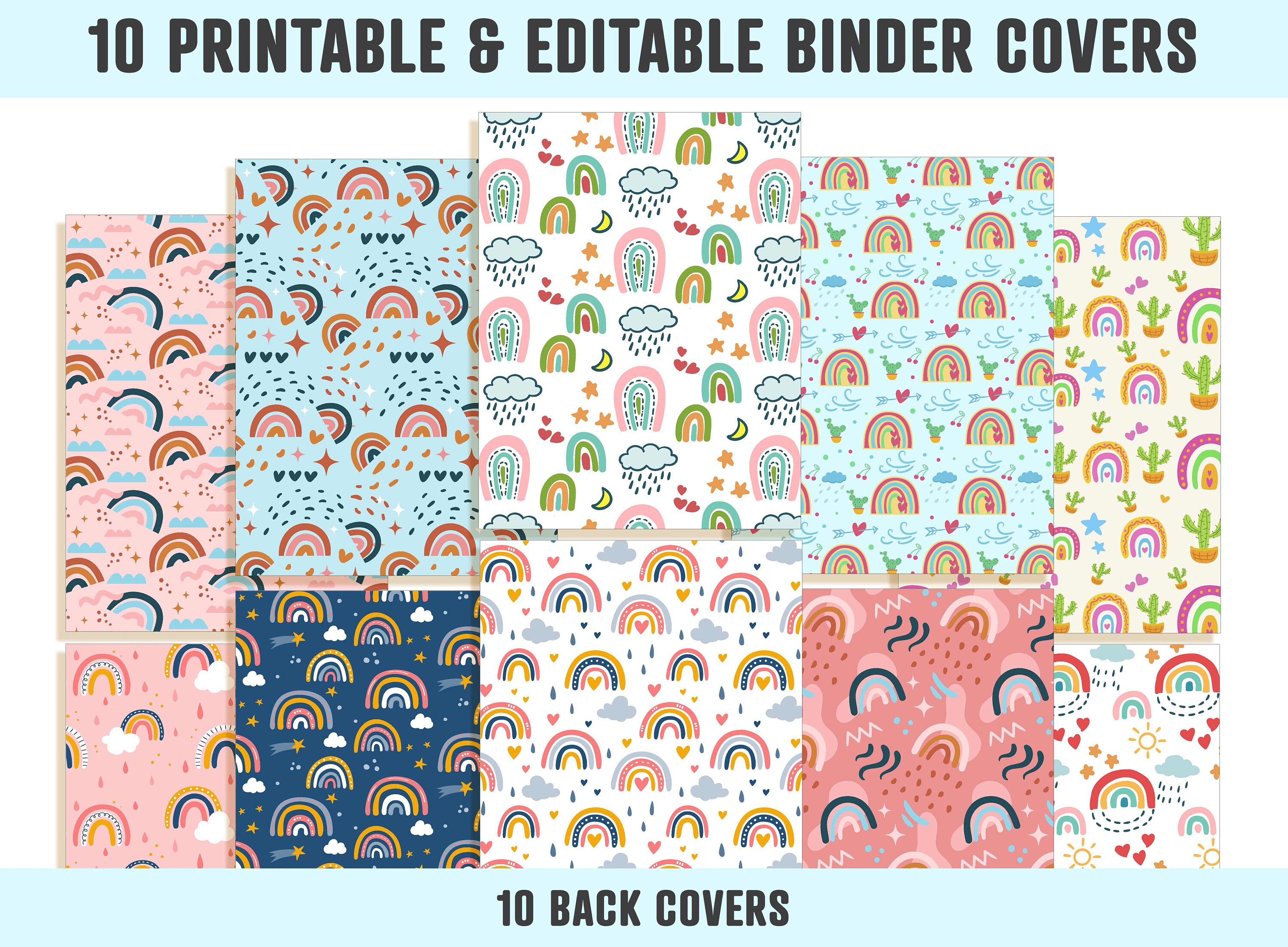 Rainbow Binder Cover, 10 Printable & Editable Binder Coversspines ...