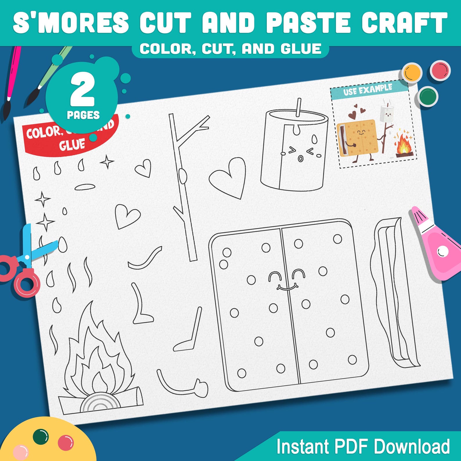 S'mores Cut and Paste Craft for Kids, 2 Pages Pre-colored and Black ...