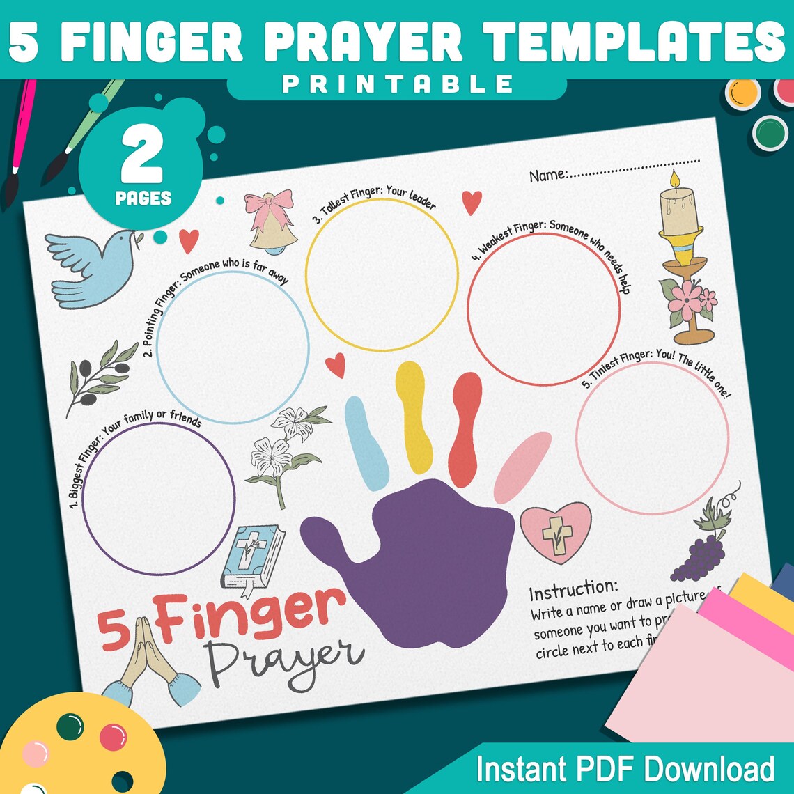 Christian 5 Finger Prayer Template for Kids: Fun Activity, 2 Pages (pre ...