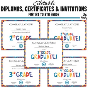 Editable 7th Grade Diplomas, 1st-8th Grade Certificates, and Invitation ...