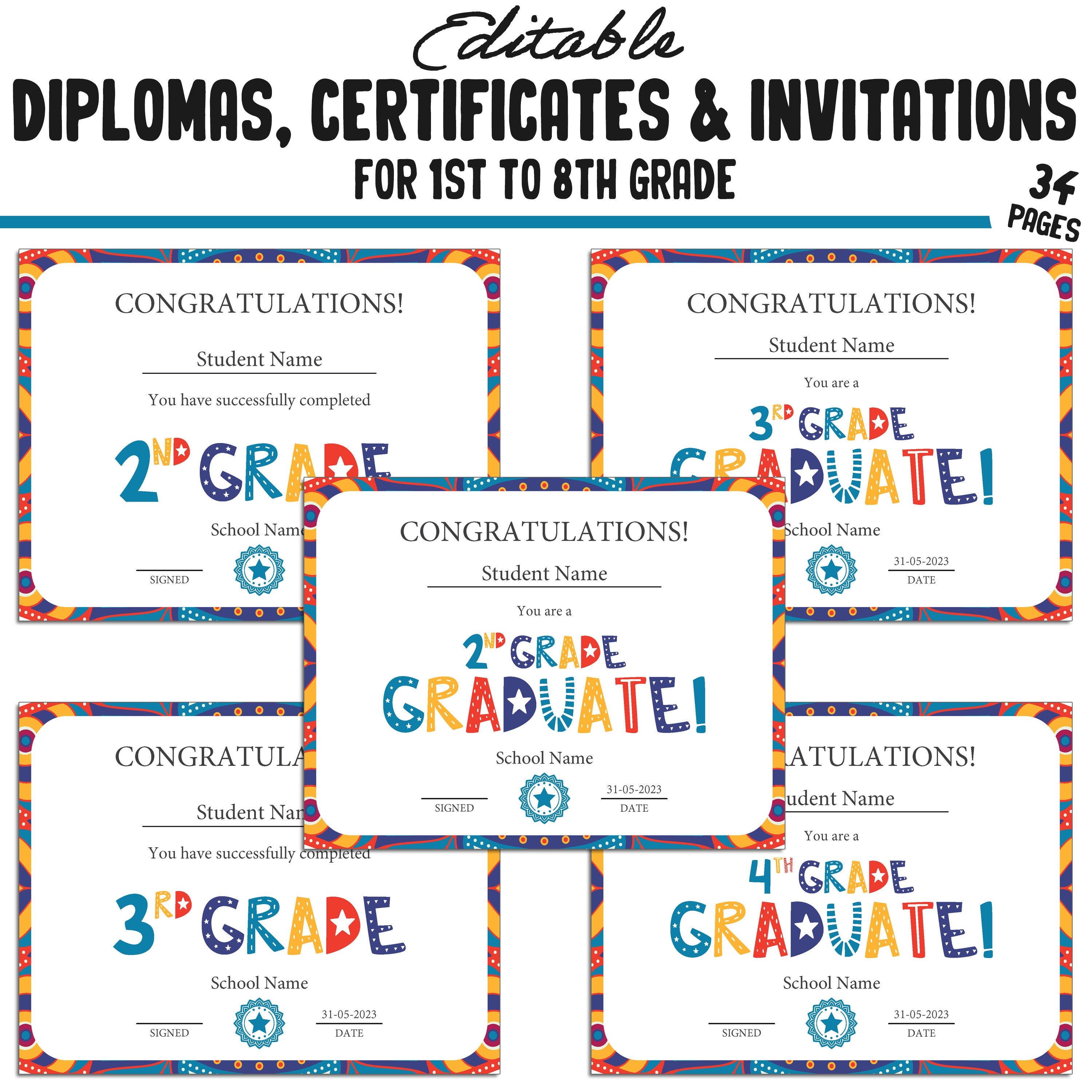 Editable 7th Grade Diplomas, 1st-8th Grade Certificates, and Invitation ...