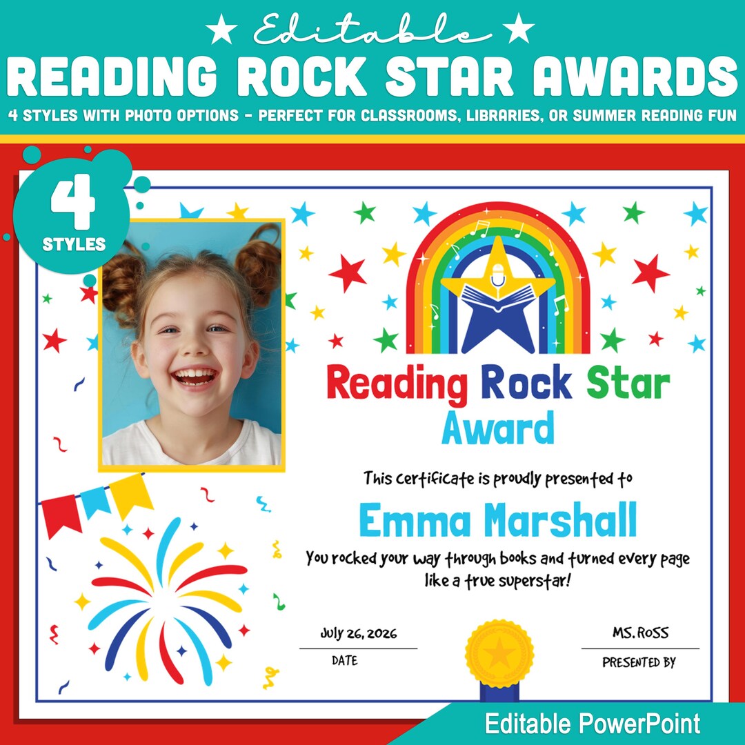 Editable Reading Rock Star Awards – 4 Styles With Photo Options ...