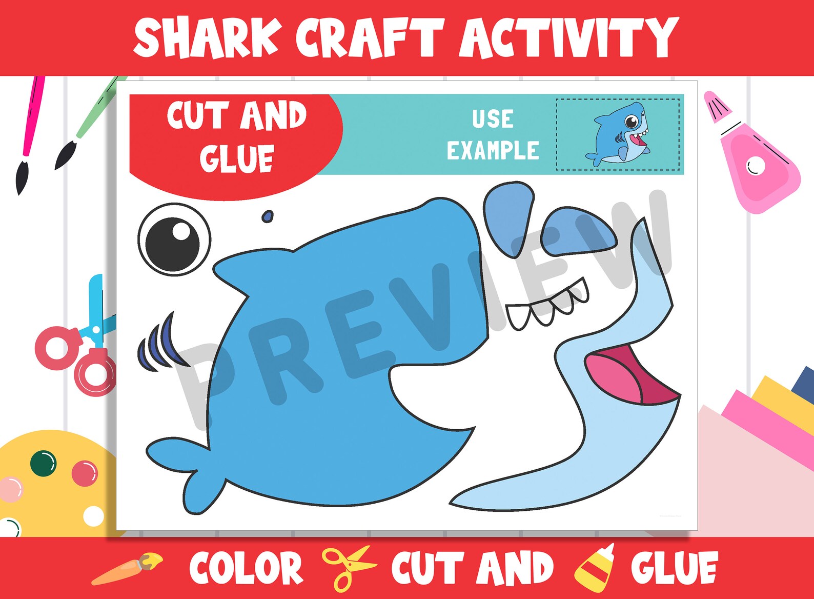 Cute Shark Craft Activity - Color, Cut, and Glue for Prek to 2nd Grade ...