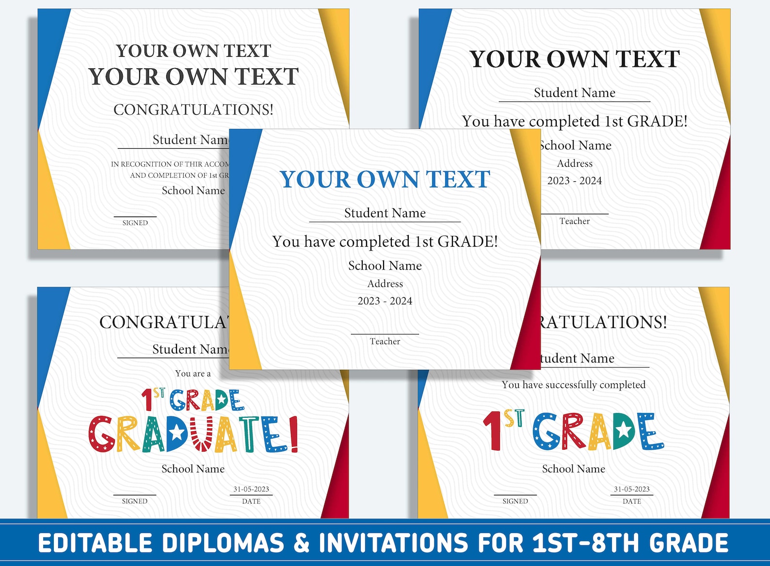 Editable 2nd Grade Graduation Certificate, 1st to 8th Grade Diploma ...