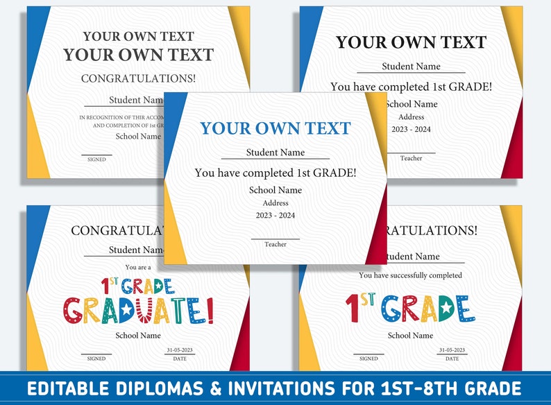 Editable 2nd Grade Graduation Certificate, 1st to 8th Grade Diploma ...