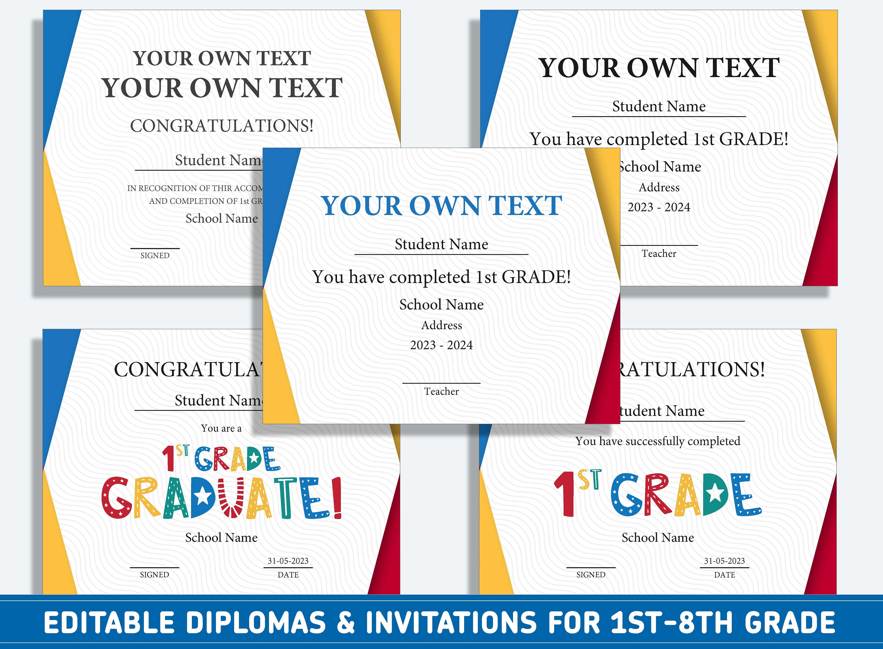 Editable 2nd Grade Graduation Certificate, 1st to 8th Grade Diploma ...