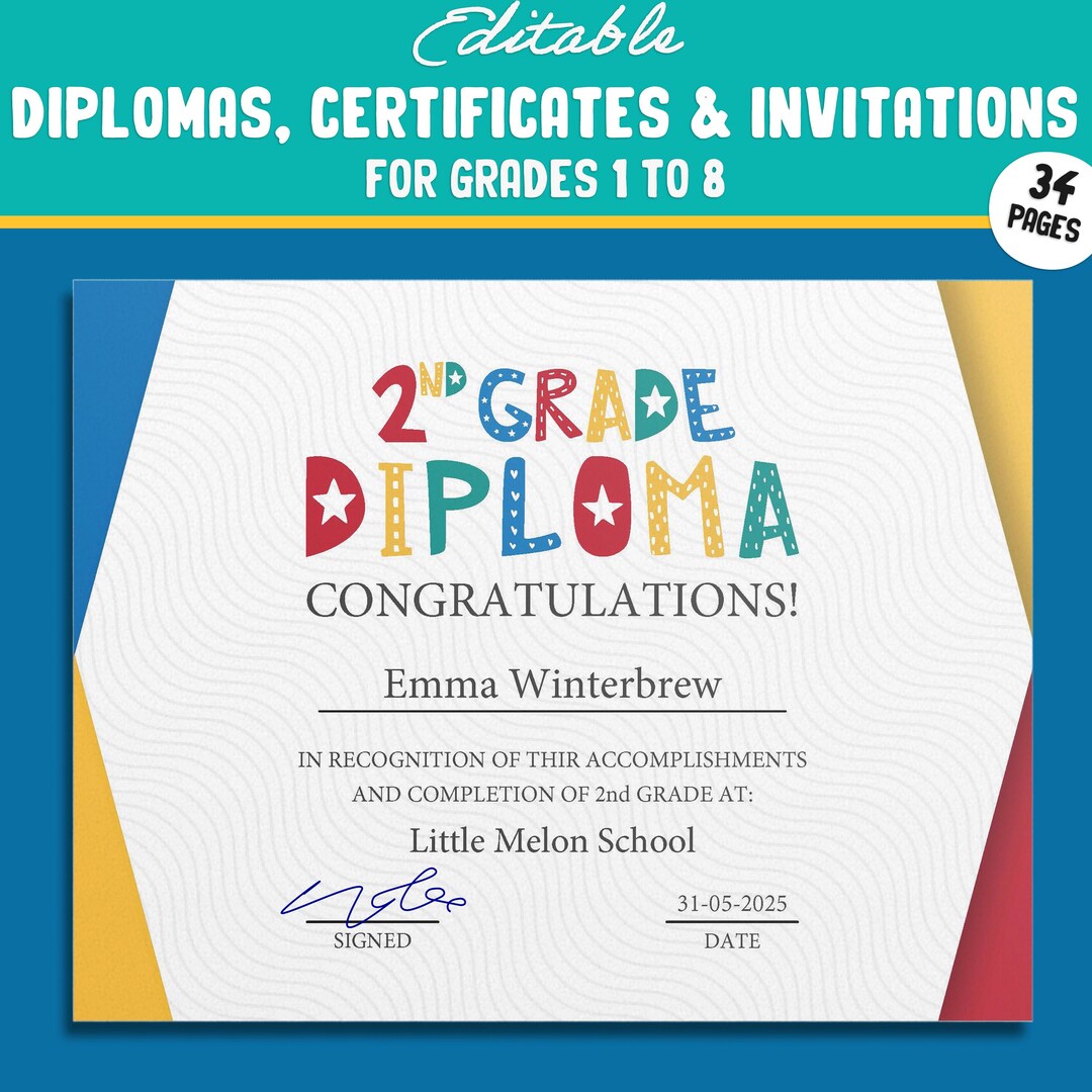 Editable 2nd Grade Graduation Certificate, 1st to 8th Grade Diploma ...