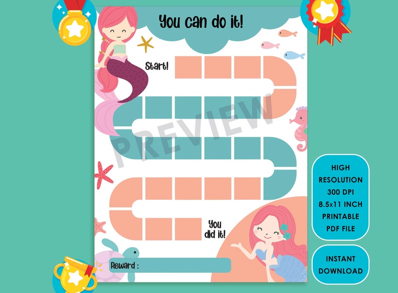 Printable Cute Mermaid Reward Chart for Kids, a Way of Guiding Children ...