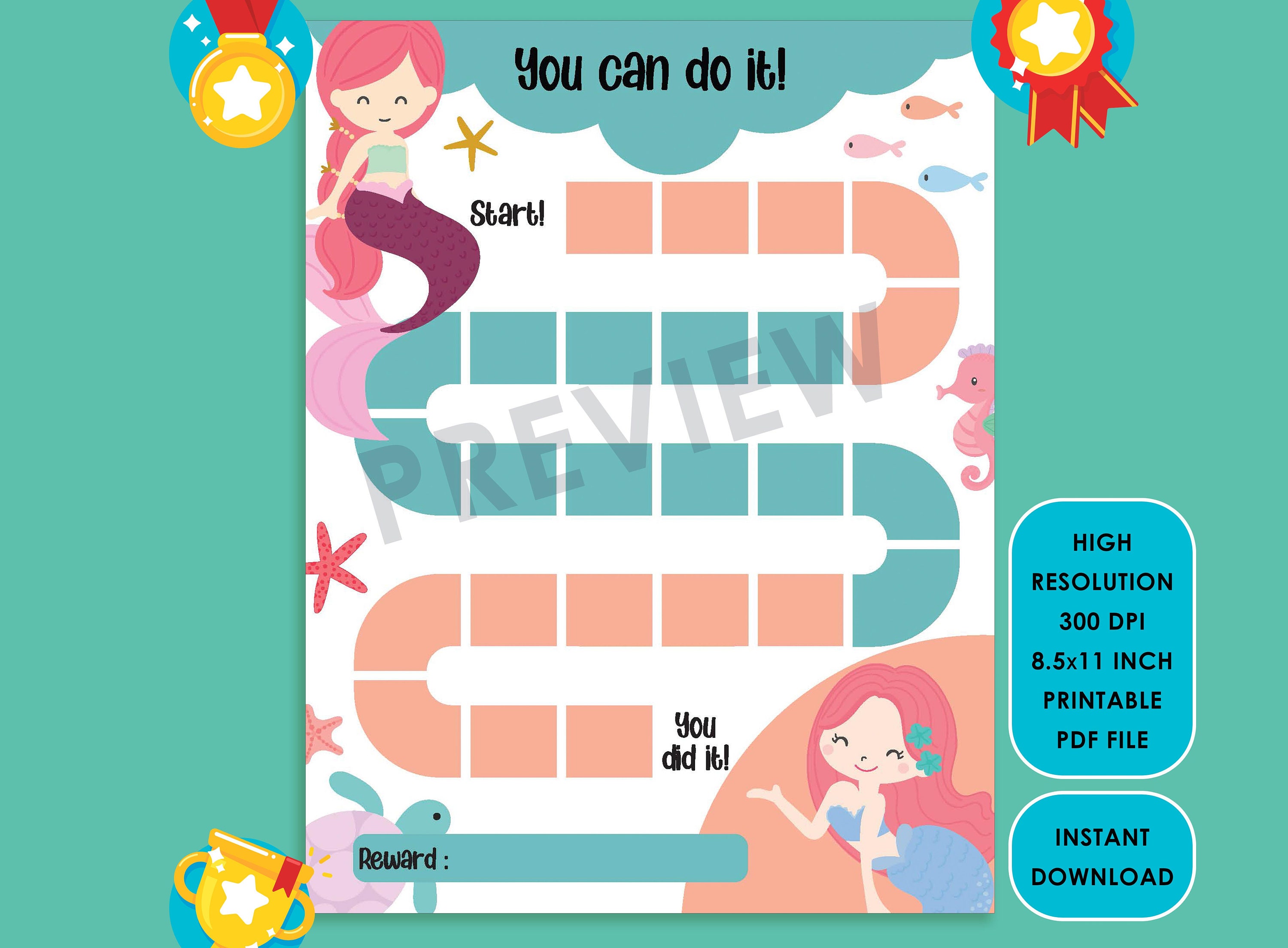 Printable Cute Mermaid Reward Chart for Kids: Foster Positive Behavior ...