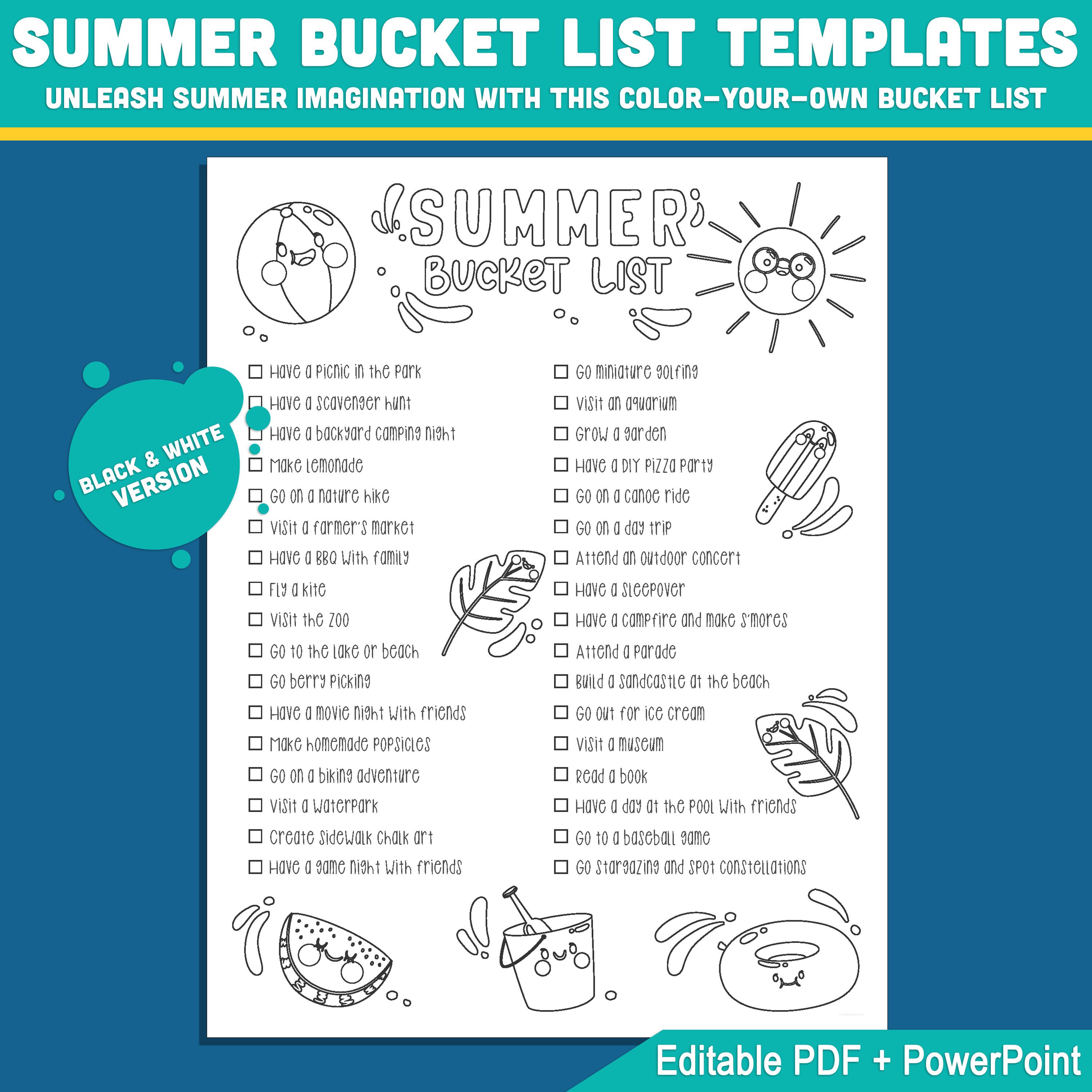 Editable Summer Bucket List Template for Classroom: Printable Kids ...