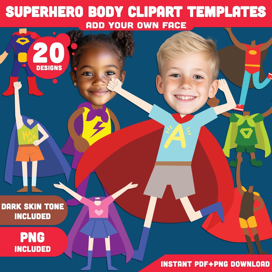 Superhero Body Clipart Templates Set, Create Fun Customizable Face ...