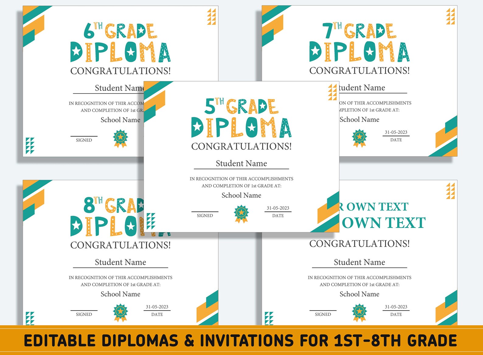 Editable First Grade, Second Grade Diploma Certificate of Completion ...