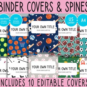 10 Editable Sports Pattern Binder Covers, Includes 1", 1.5", 2" Spines ...
