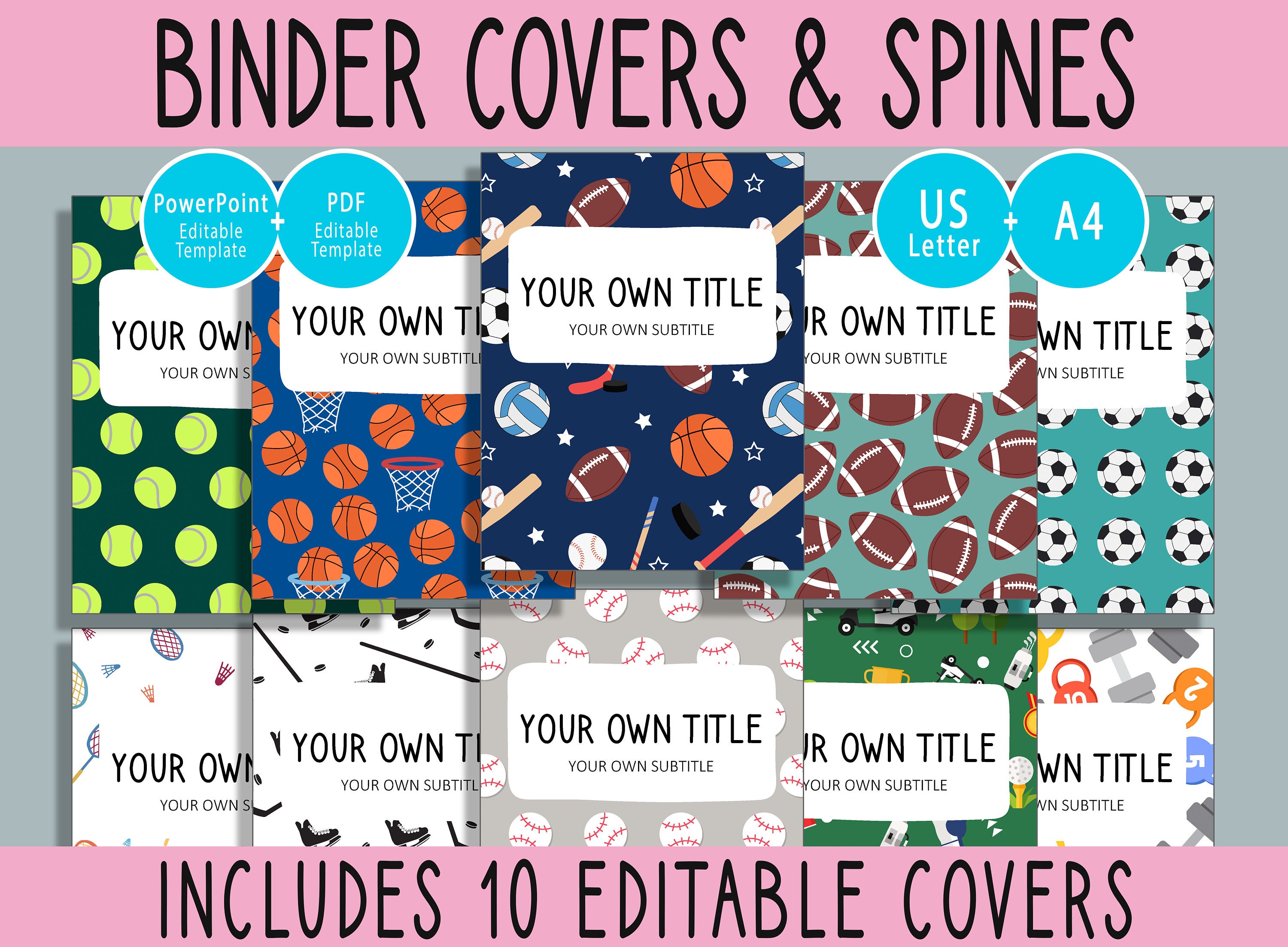10 Editable Sports Pattern Binder Covers, Includes 1, 1.5, 2 Spines ...