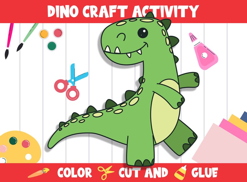 Cute Dino Craft Activity Color, Cut, and Glue for Prek to 2nd Grade ...