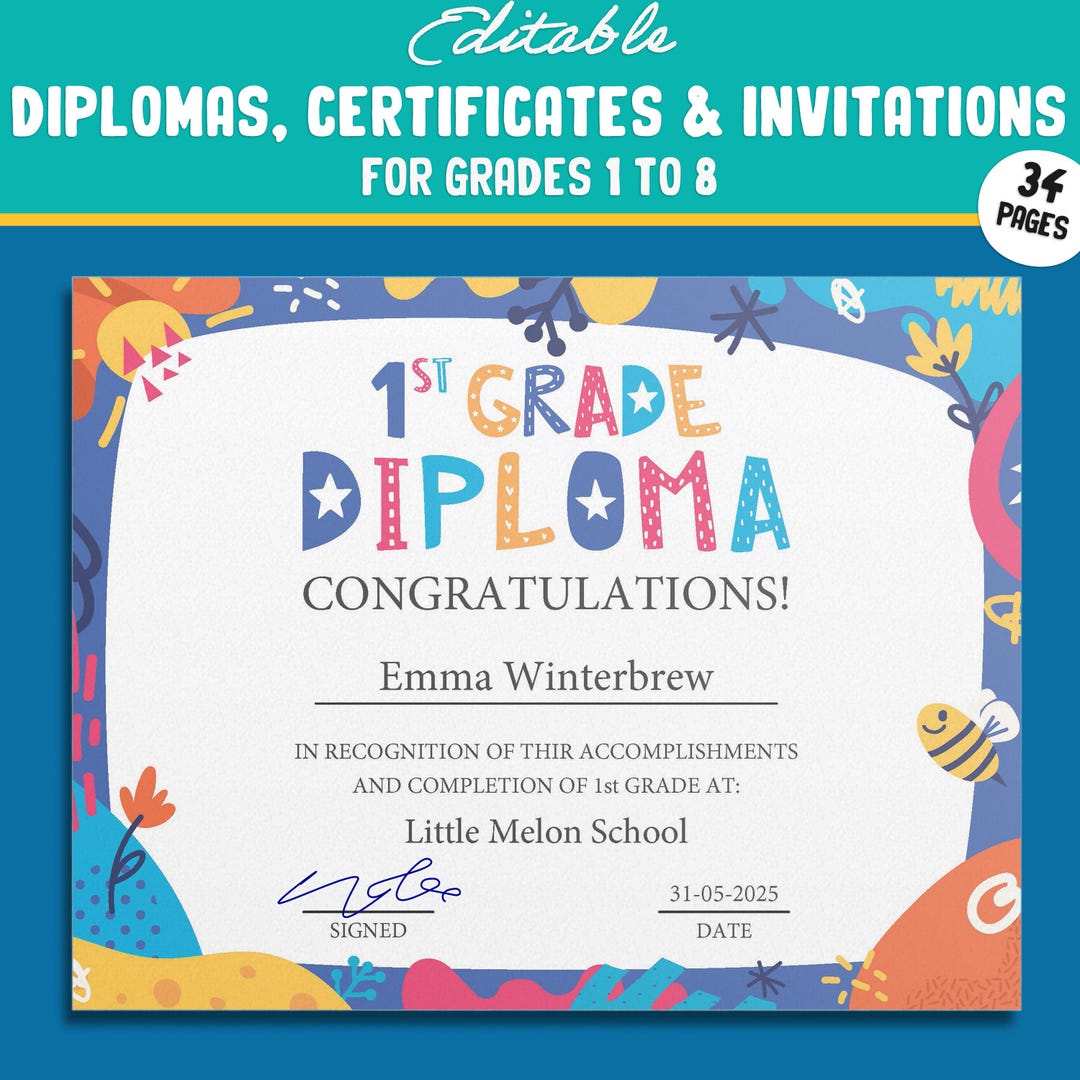 Editable First Grade Certificate, 1st to 8th Grade Diploma, Certificate ...
