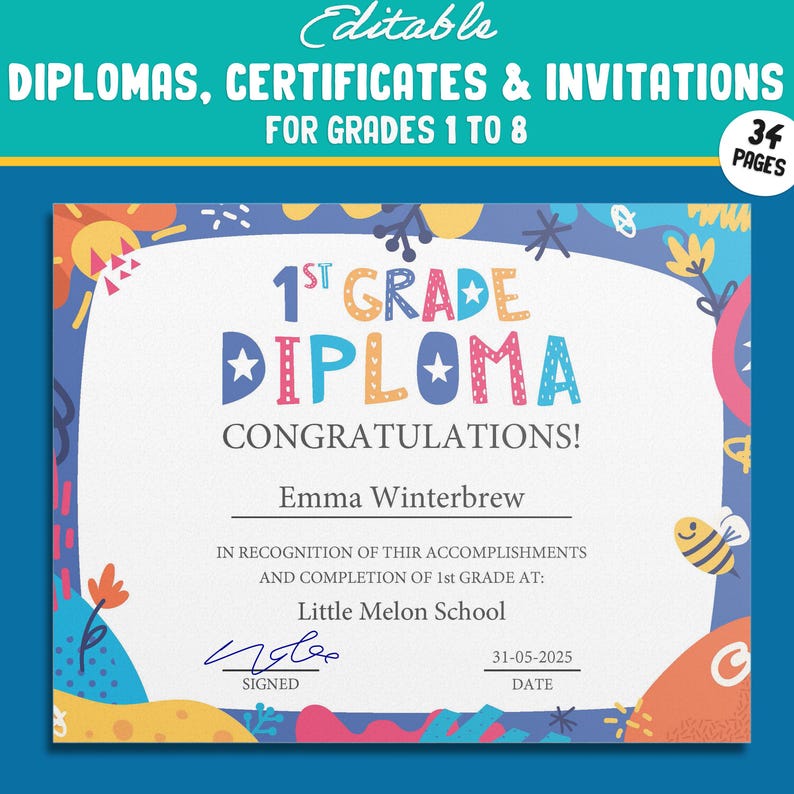 Editable First Grade Certificate, 1st to 8th Grade Diploma, Certificate ...