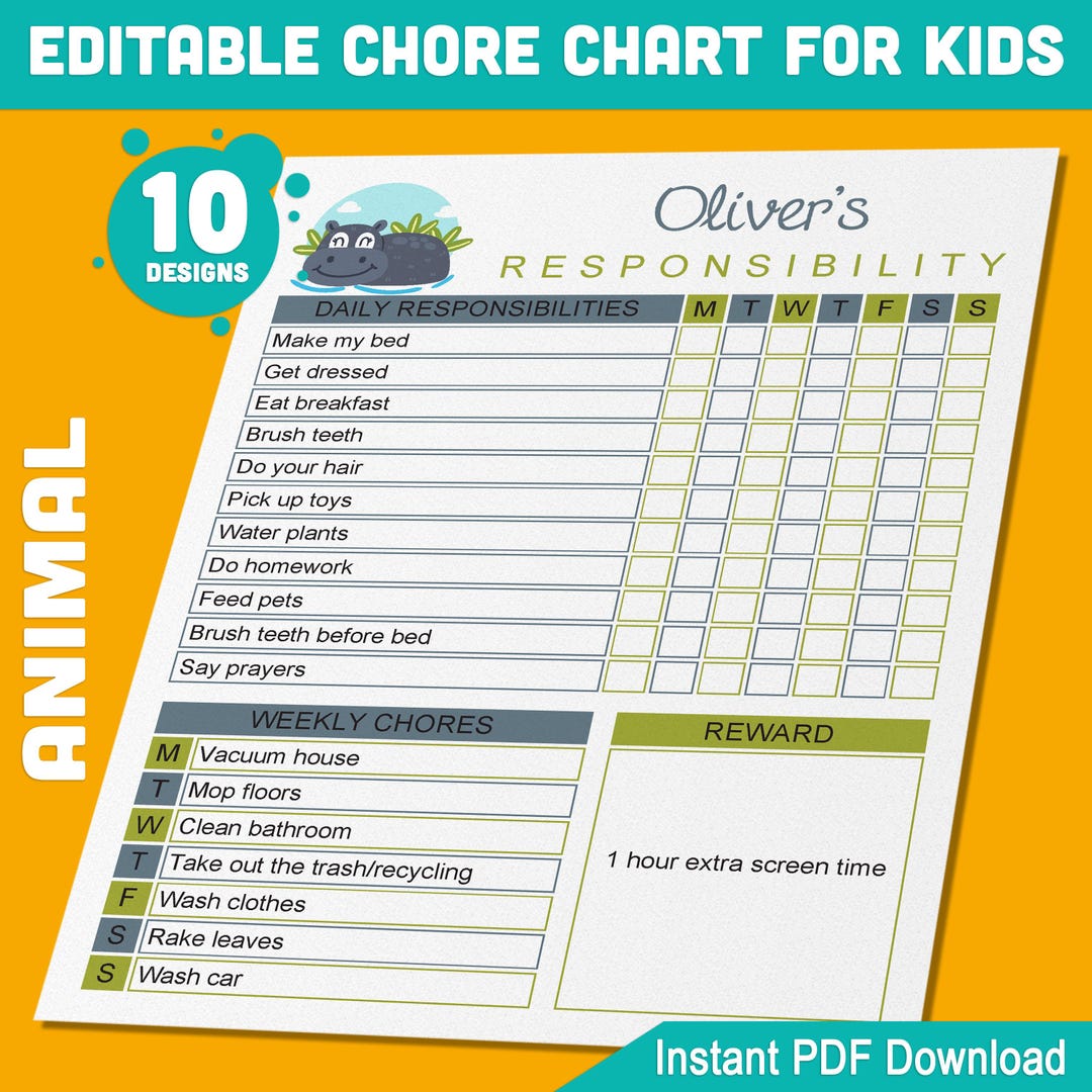 Customizable Animal-themed Chore Chart for Kids: Printable 10-page ...