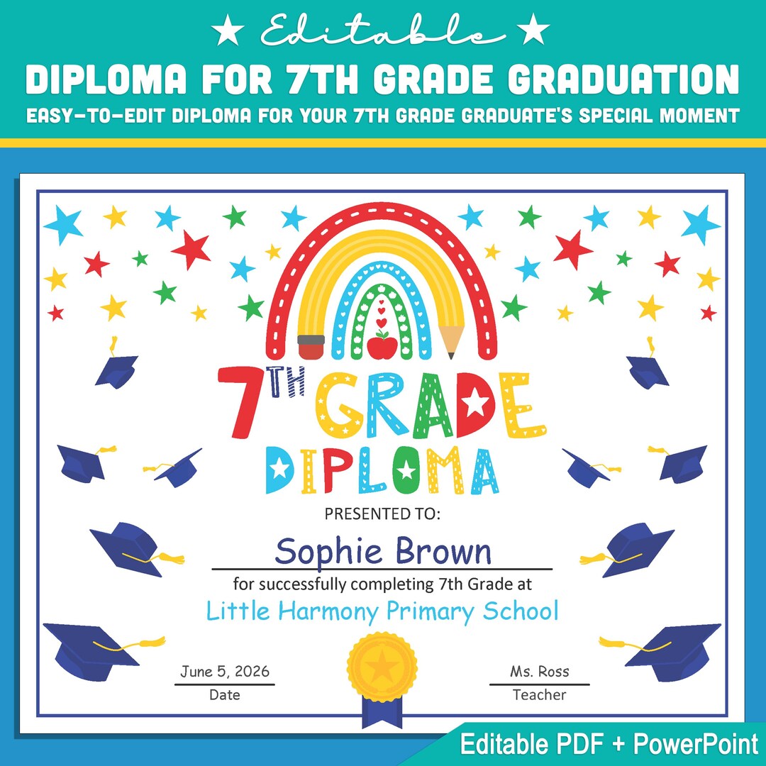 7th Grade Diploma Template: Editable PDF & Powerpoint for Graduation ...