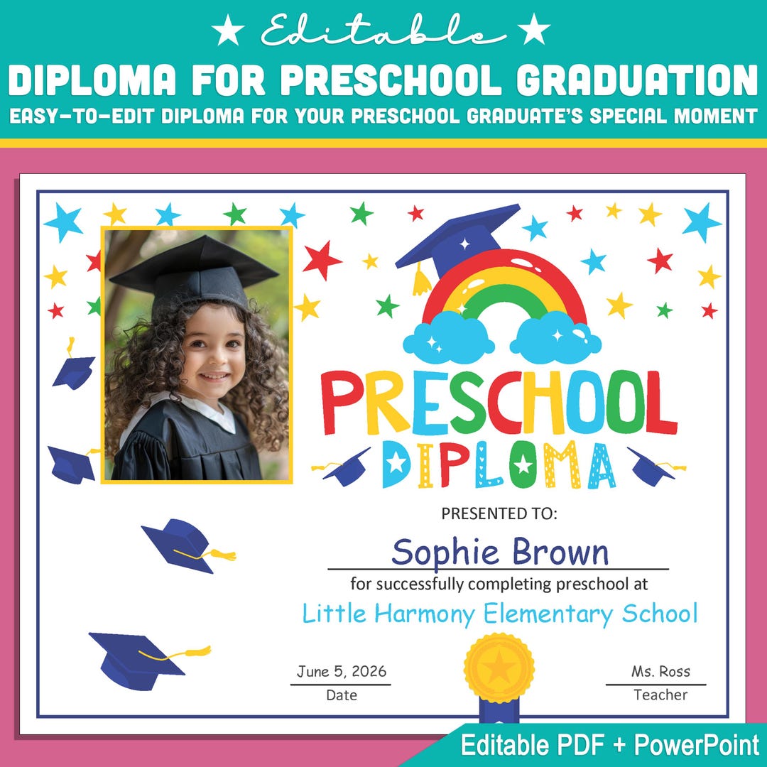 Personalized Preschool Diploma Template With Photo: Editable Letter ...