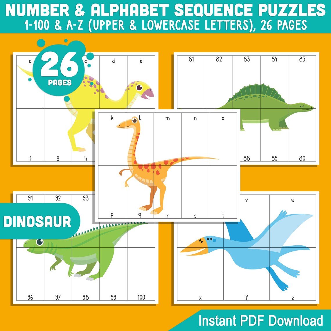 Dinosaur Number and Alphabet Stripe Puzzles: 1-100 and A-Z Printable ...