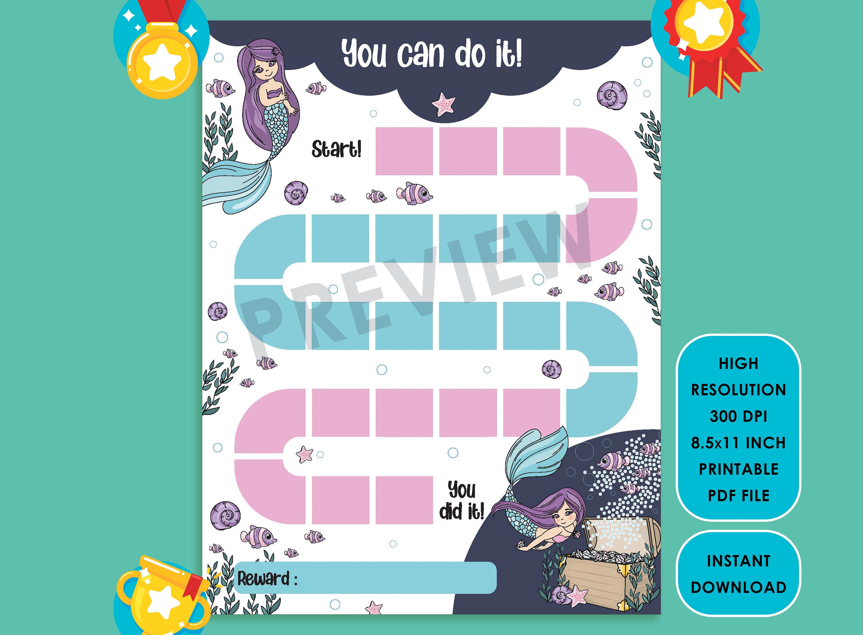 Printable Mermaid Reward Chart, Underwater Life Behavior Chart, Girl ...