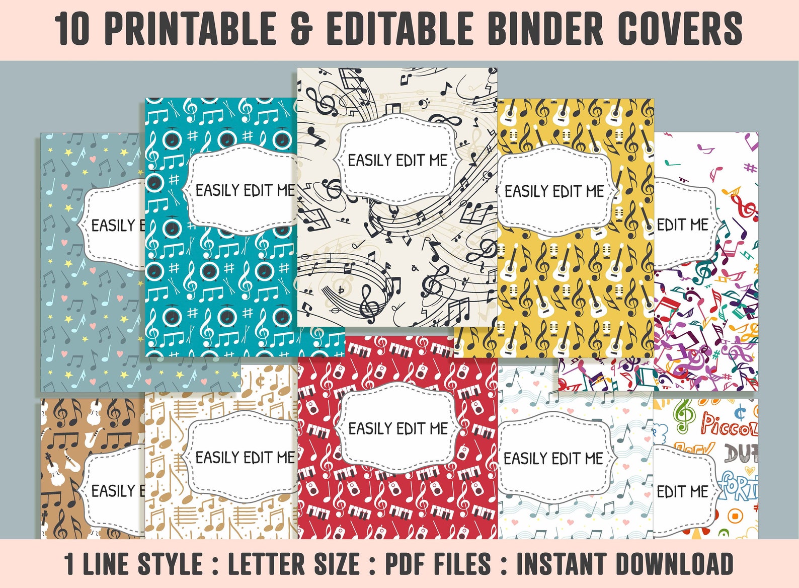 Musical Notes Binder Cover, 10 Printable/editable Coversspines, Teacher ...