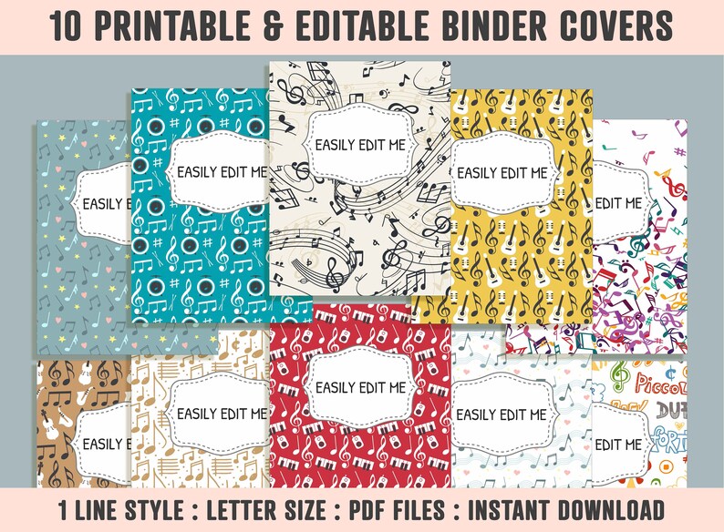 Musical Notes Binder Cover, 10 Printable/editable Coversspines, Teacher ...
