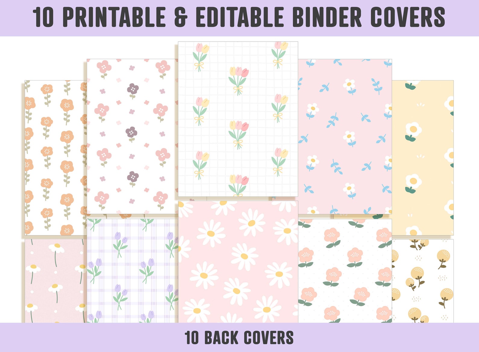 Flower Binder Cover, 10 Coversspines, Binder Cover Printable, Editable ...
