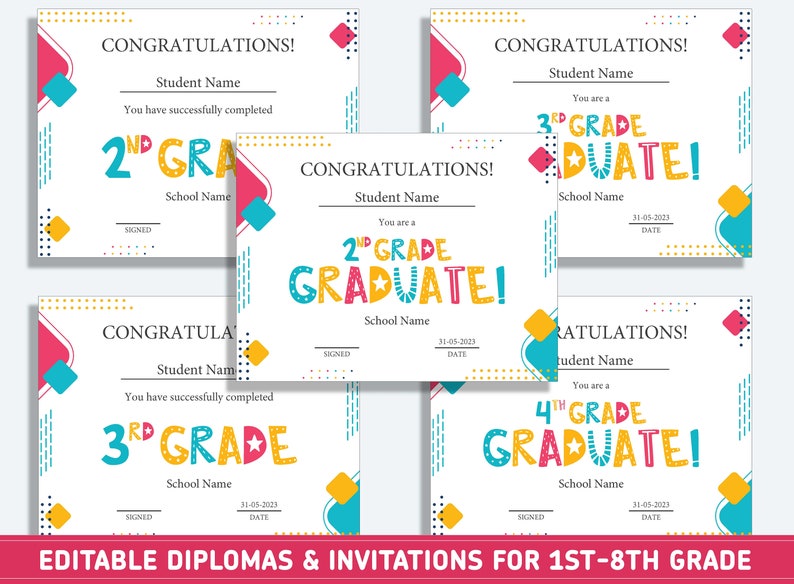 Editable 6th Grade Certificate, 1st to 8th Grade Diploma, Certificate ...
