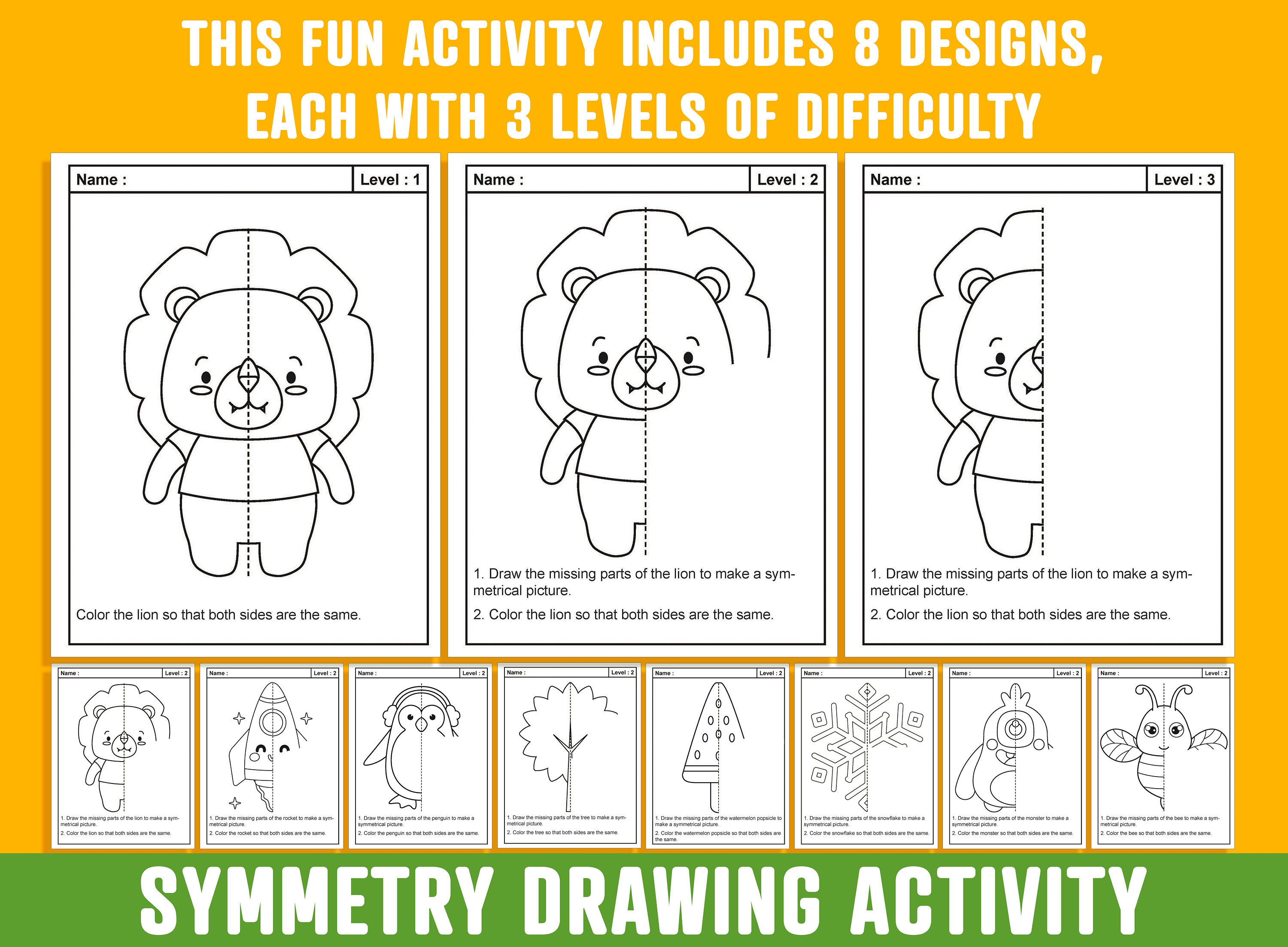 Symmetry Drawing, Lines of Symmetry Activity, 24 Pages/8 Designs, Each ...