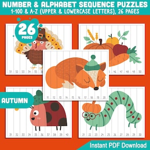 Autumn Number and Alphabet Sequence Puzzles: 1-100 and A-Z Printable ...