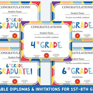 Editable 5th Grade Graduation, 1st to 8th Grade Diploma, Certificate of ...