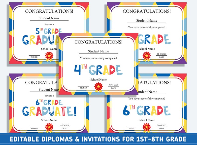 Editable 5th Grade Graduation 1st to 8th Grade Diploma - Etsy