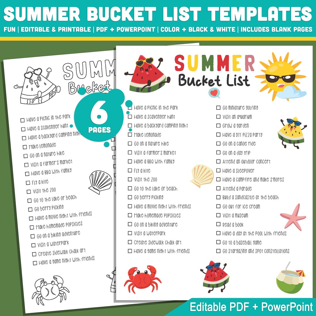 Summer Bucket List Template for Students: Editable PDF and Powerpoint ...