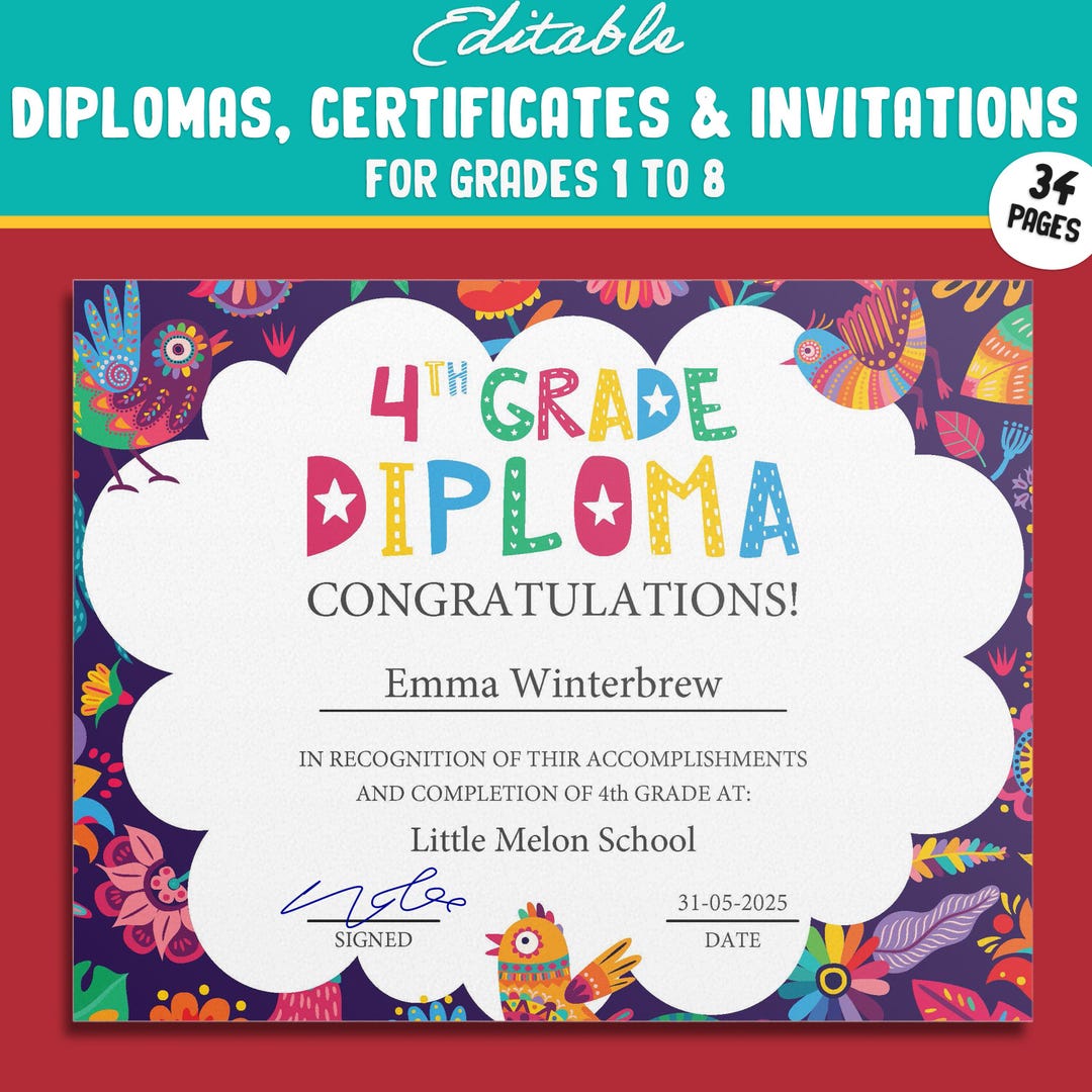 Editable 4th Grade Certificate, 1st to 8th Grade Diploma, Certificate ...